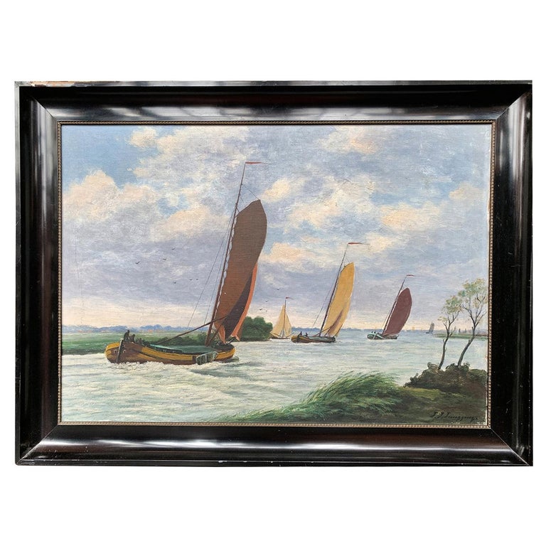 Dutch Seascape Painting with Sailboats at 1stDibs