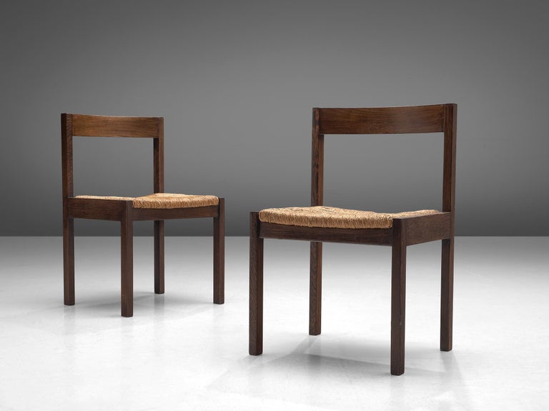Set of 6 Dutch Dining Chairs in Wengé and Straw Seats at 1stDibs