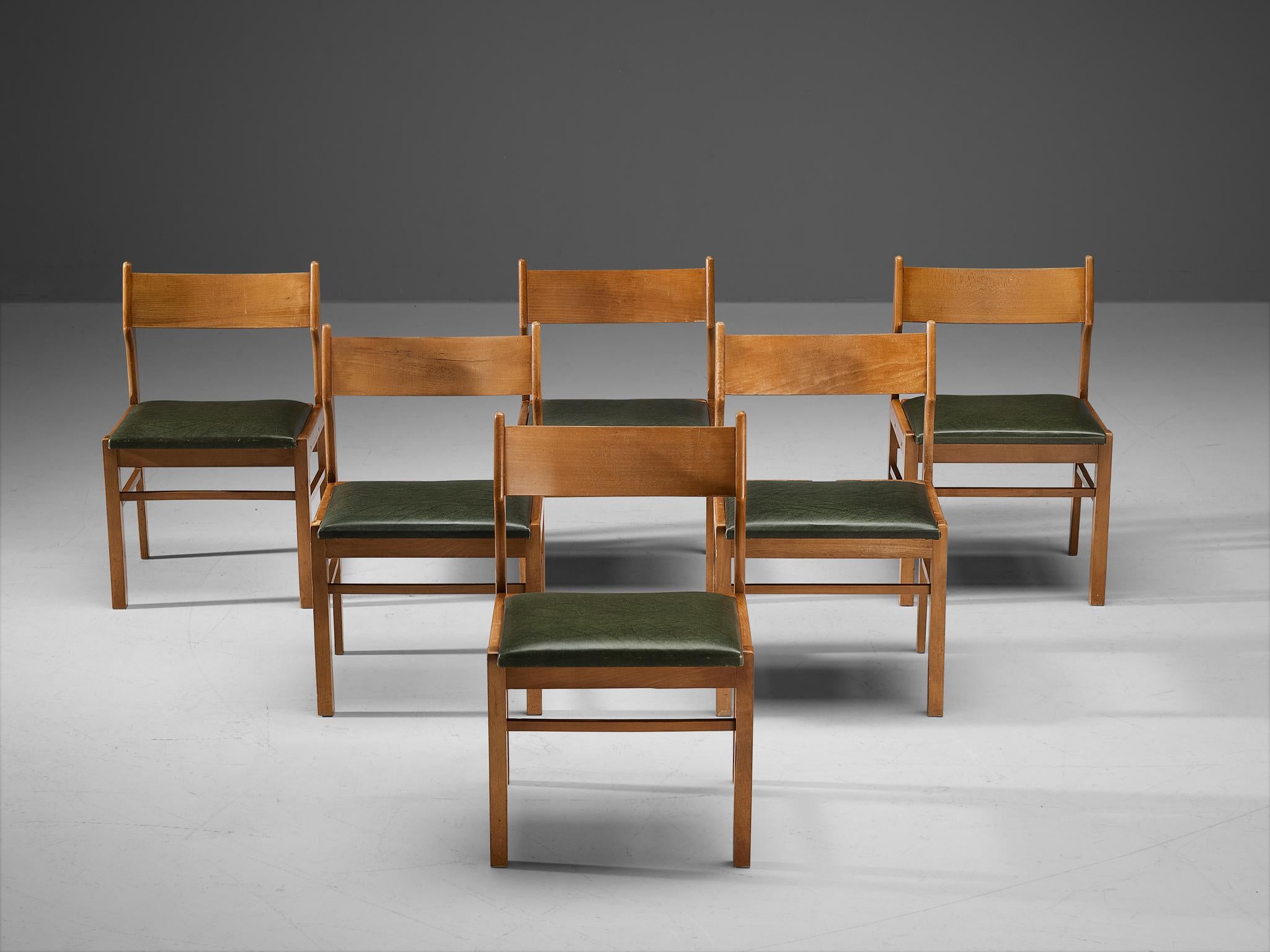 Dutch Set of Six Dining Chairs in Wood and Green Leatherette For Sale ...