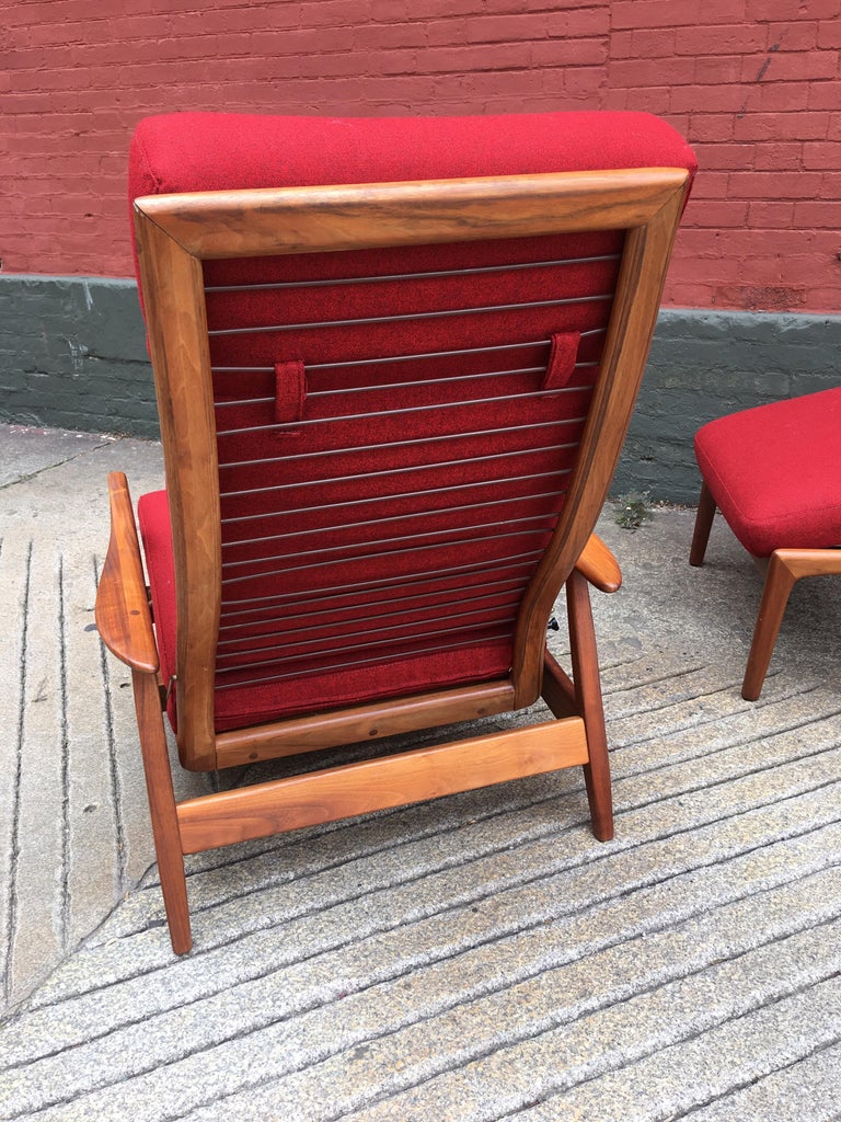 DUX Teak Lounge Chair/Recliner and Ottoman in Red Wool at 1stDibs