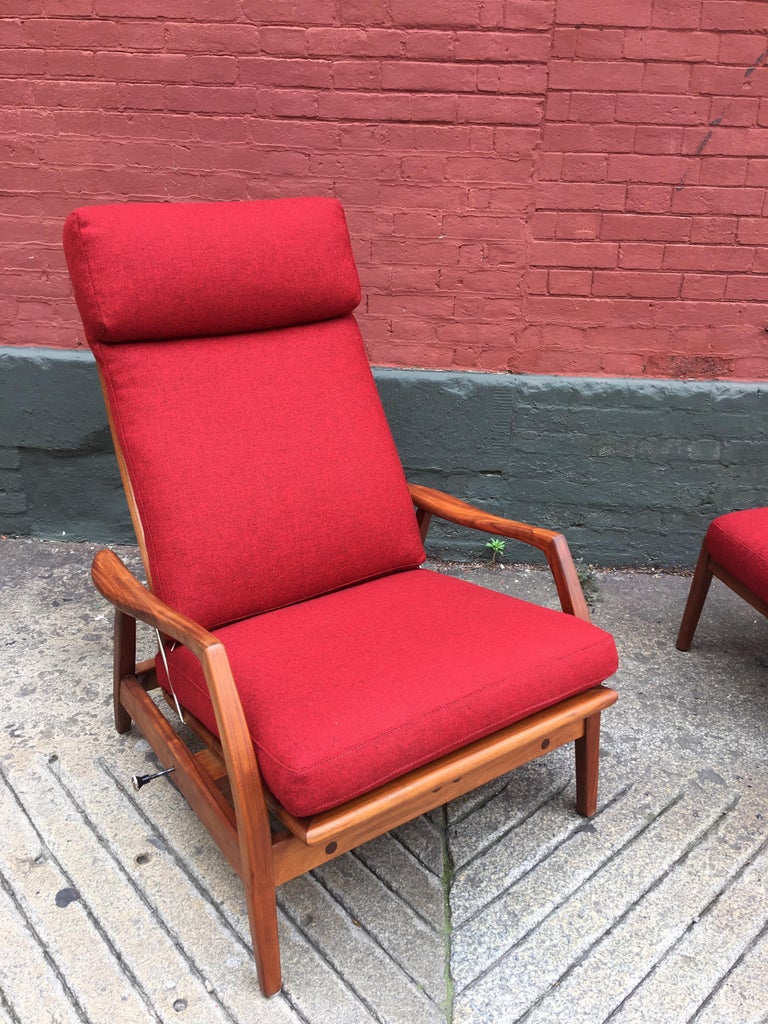 DUX Teak Lounge Chair/Recliner and Ottoman in Red Wool at 1stDibs