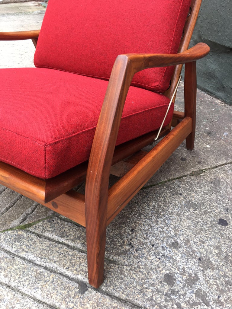 DUX Teak Lounge Chair/Recliner and Ottoman in Red Wool at 1stDibs