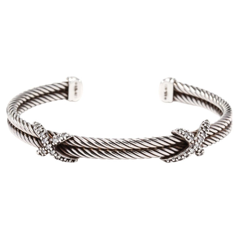 David Yurman Sterling Silver Diamond Double X Cable Cuff Bracelet at ...