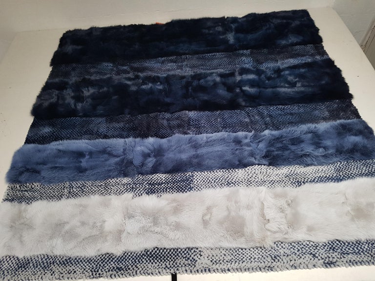 Dyed Fox and Mink Fur Blue and Silver Rug, “Ocean Waves” at 1stDibs