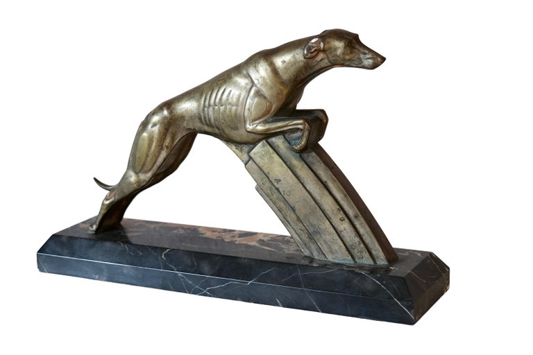 Dynamic Bronze Greyhound Sculpture with Vintage Patina on a Portor ...