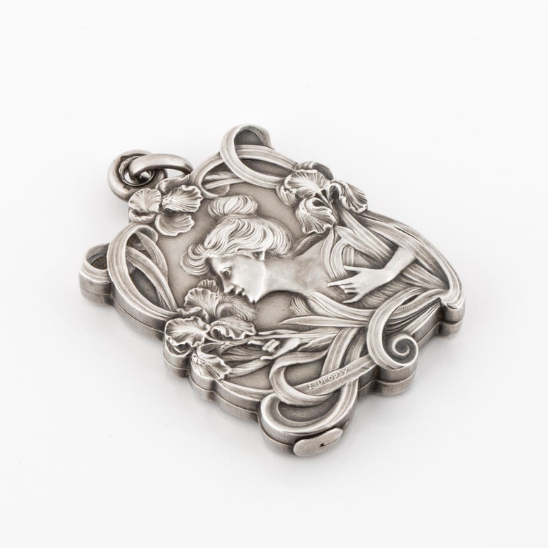 French Art Nouveau E.Dropsy Sterling Silver Pendant Locket on Longuard ...