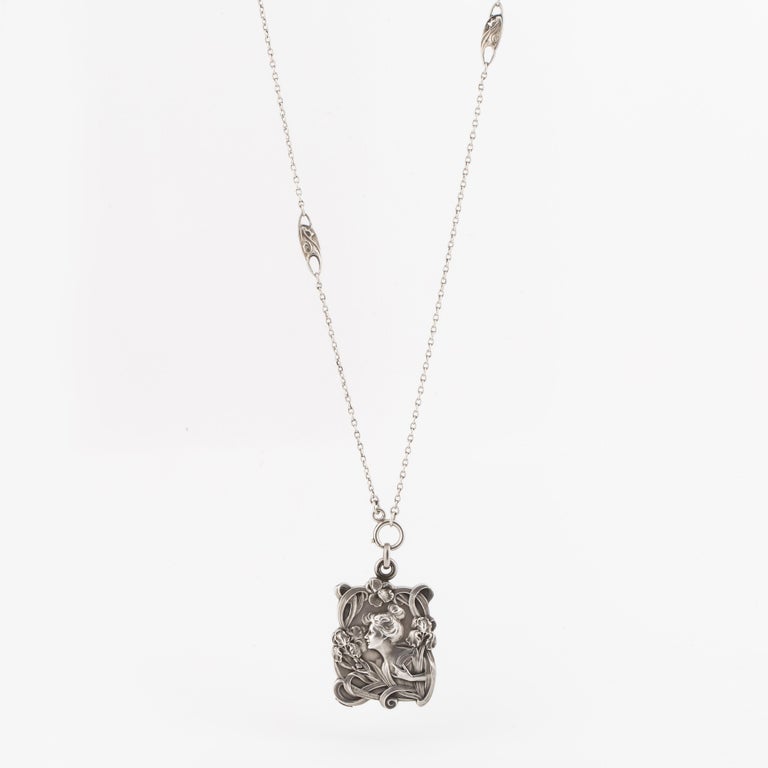 French Art Nouveau E.Dropsy Sterling Silver Pendant Locket on Longuard ...