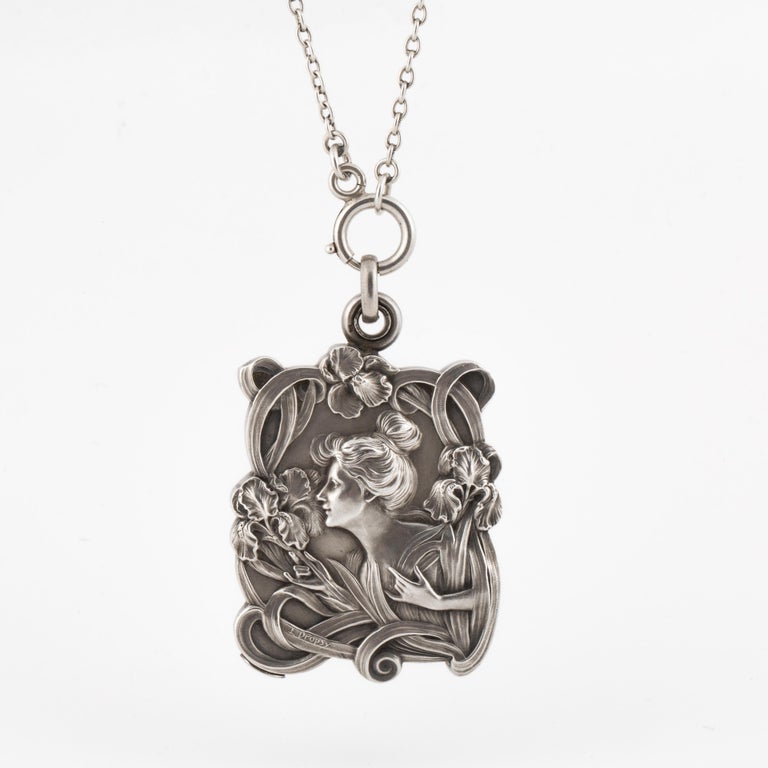 French Art Nouveau E.Dropsy Sterling Silver Pendant Locket on Longuard ...