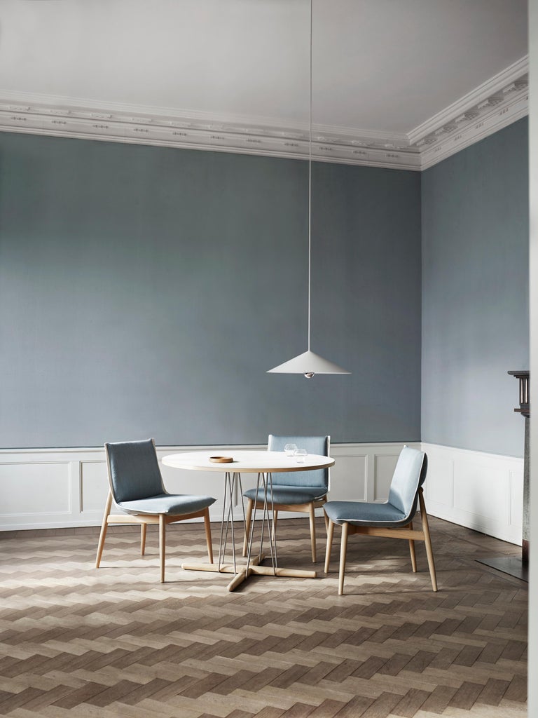 E004 Embrace Chair in Oak White Oil with Mood 3103 Fabric and White ...