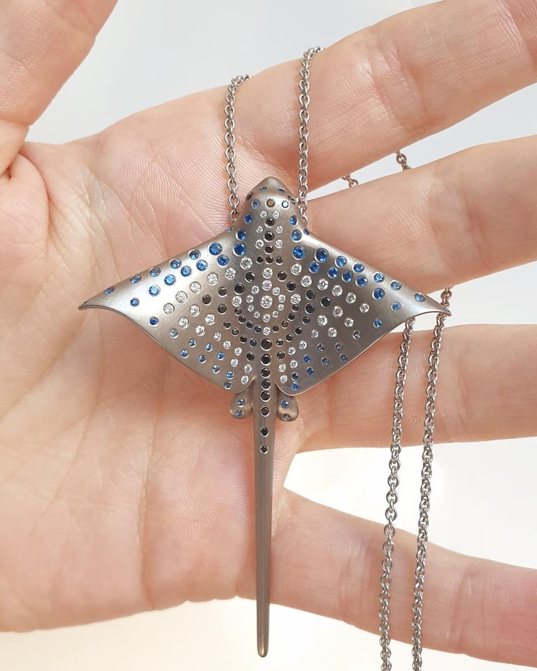 Eagle Ray Pendant, 18k White Gold, Blue Sapphires, Black and White ...