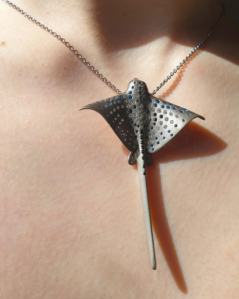 Eagle Ray Pendant, 18k White Gold, Blue Sapphires, Black and White ...