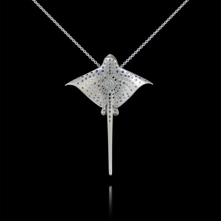 Eagle Ray Pendant, 18k White Gold, Blue Sapphires, Black and White ...
