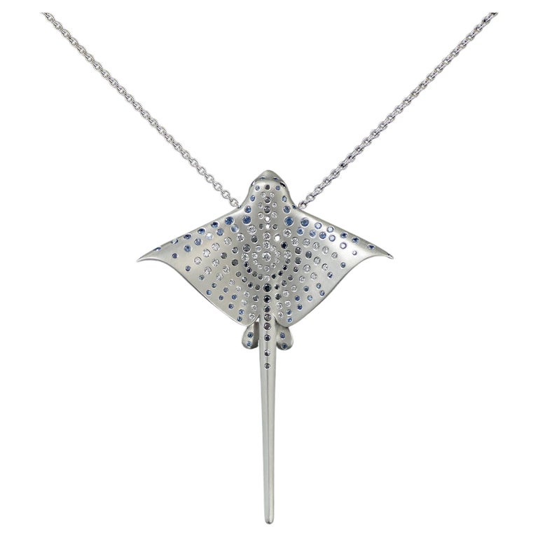 Eagle Ray Pendant, 18k White Gold, Blue Sapphires, Black and White ...