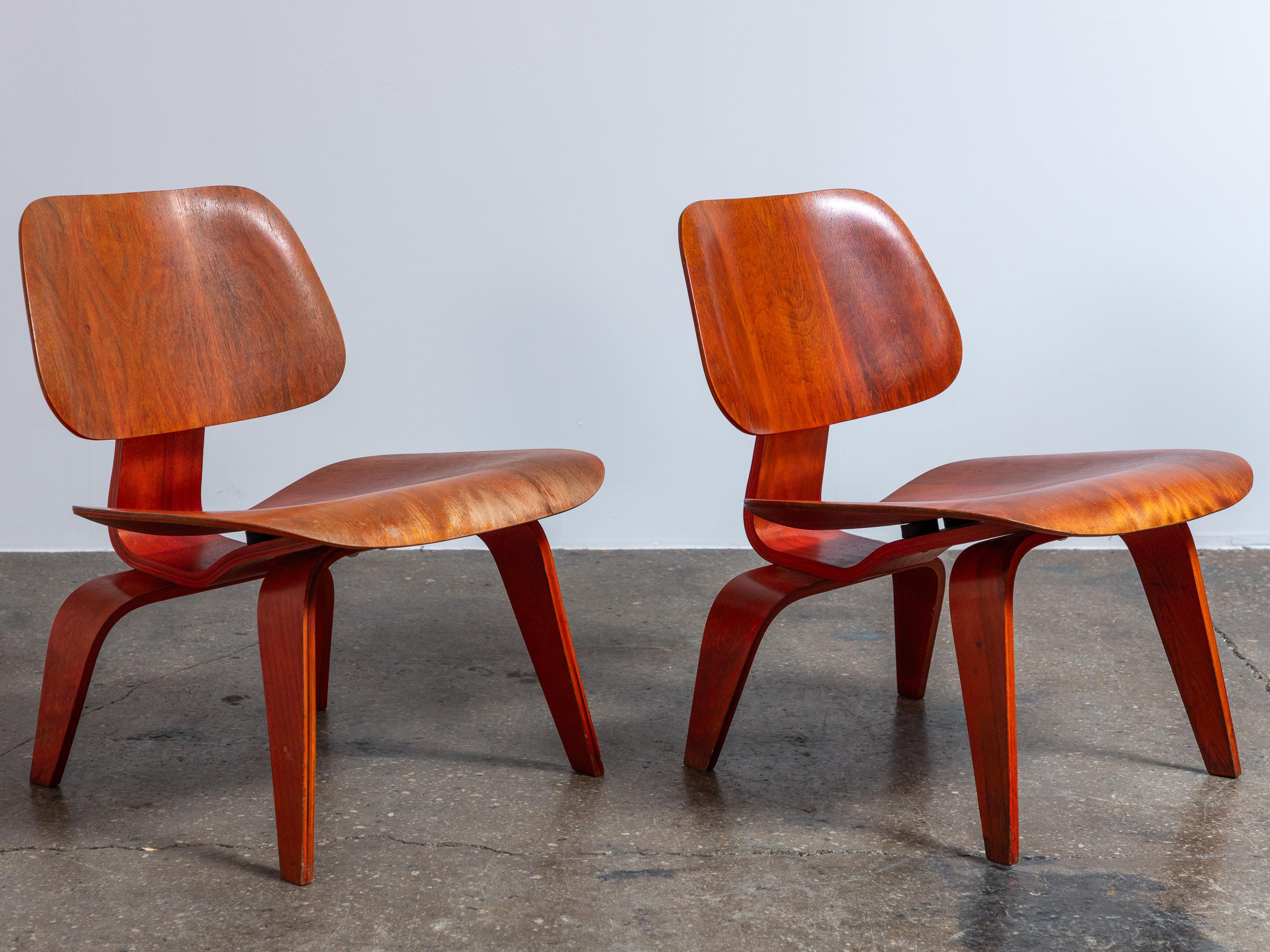 Eames Evans Red Aniline Dye LCW Lounge Chairs - Matched Pair For Sale ...