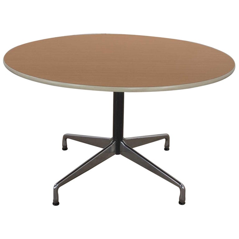 Eames Herman Miller Round Table Universal Base Wood Grain Laminate Top For Sale at 1stDibs