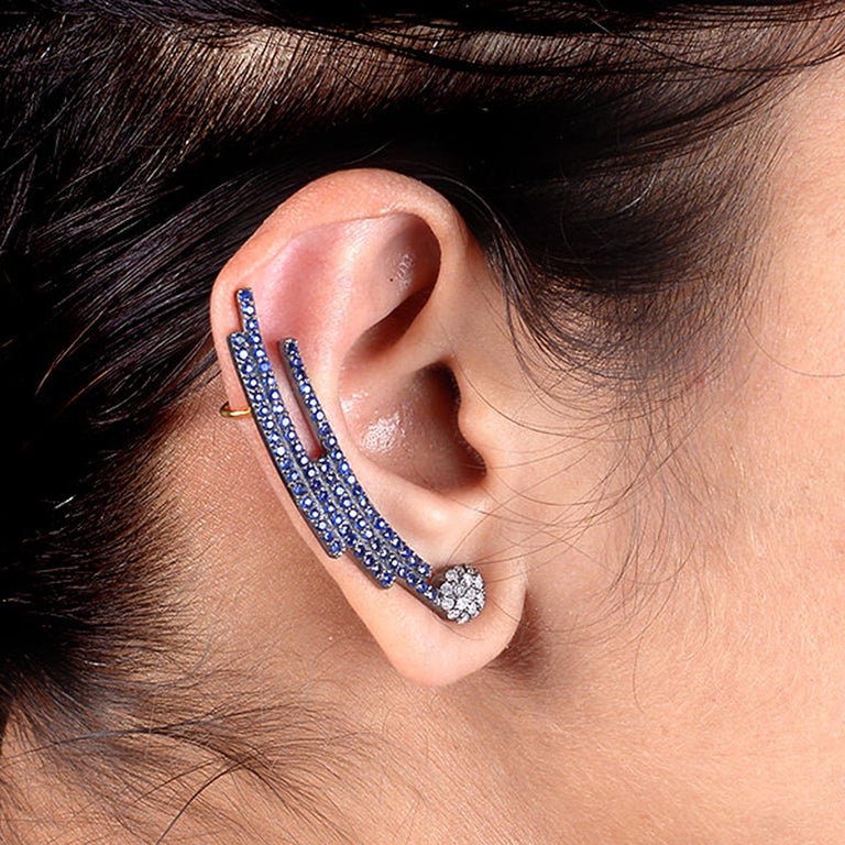 Ear Mounted Blue Sapphire Long Earrings with Diamonds Made in 18k Gold ...