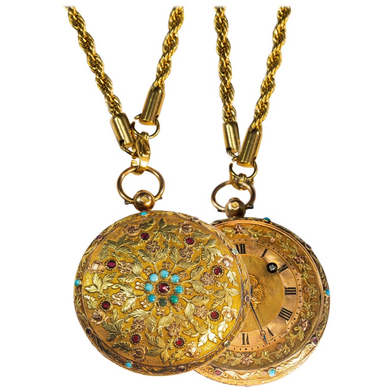 Early 18 Karat Multi-Color Yellow Gold Turquoise Amethyst Pocket Watch ...