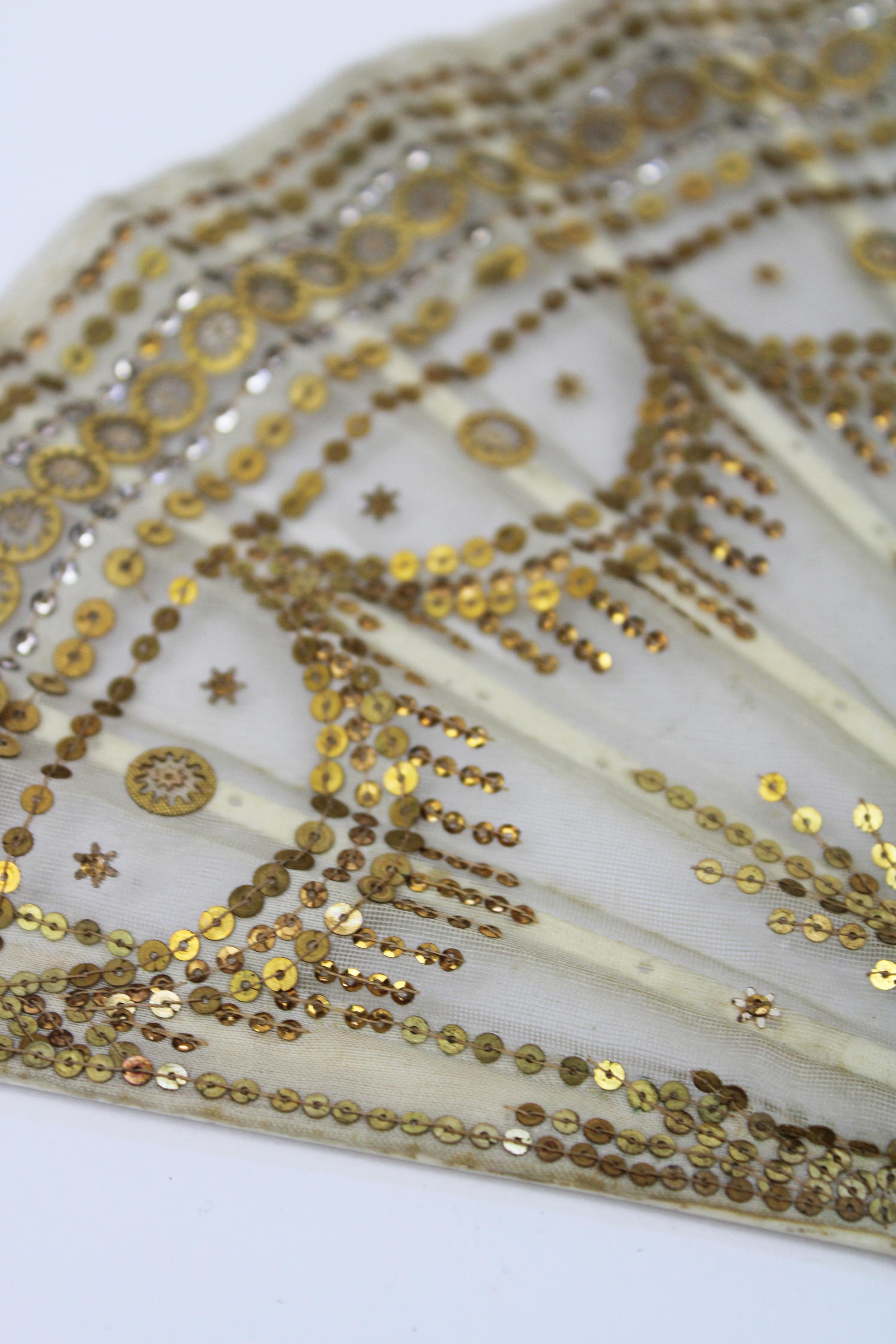 Early 1800 Empire handcrafted Handfan embroidered elaborate sequin bone ...