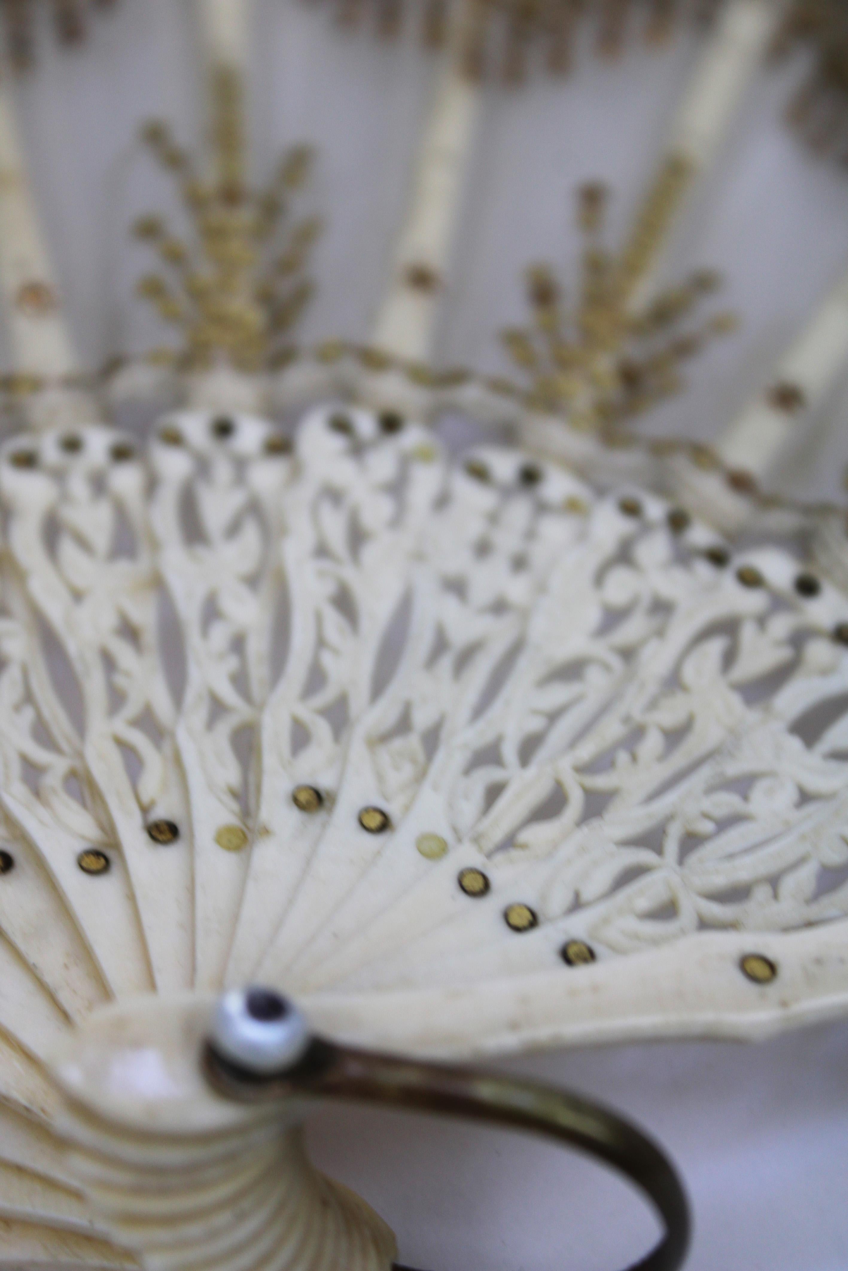 Early 1800 Empire handcrafted Handfan embroidered elaborate sequin bone ...