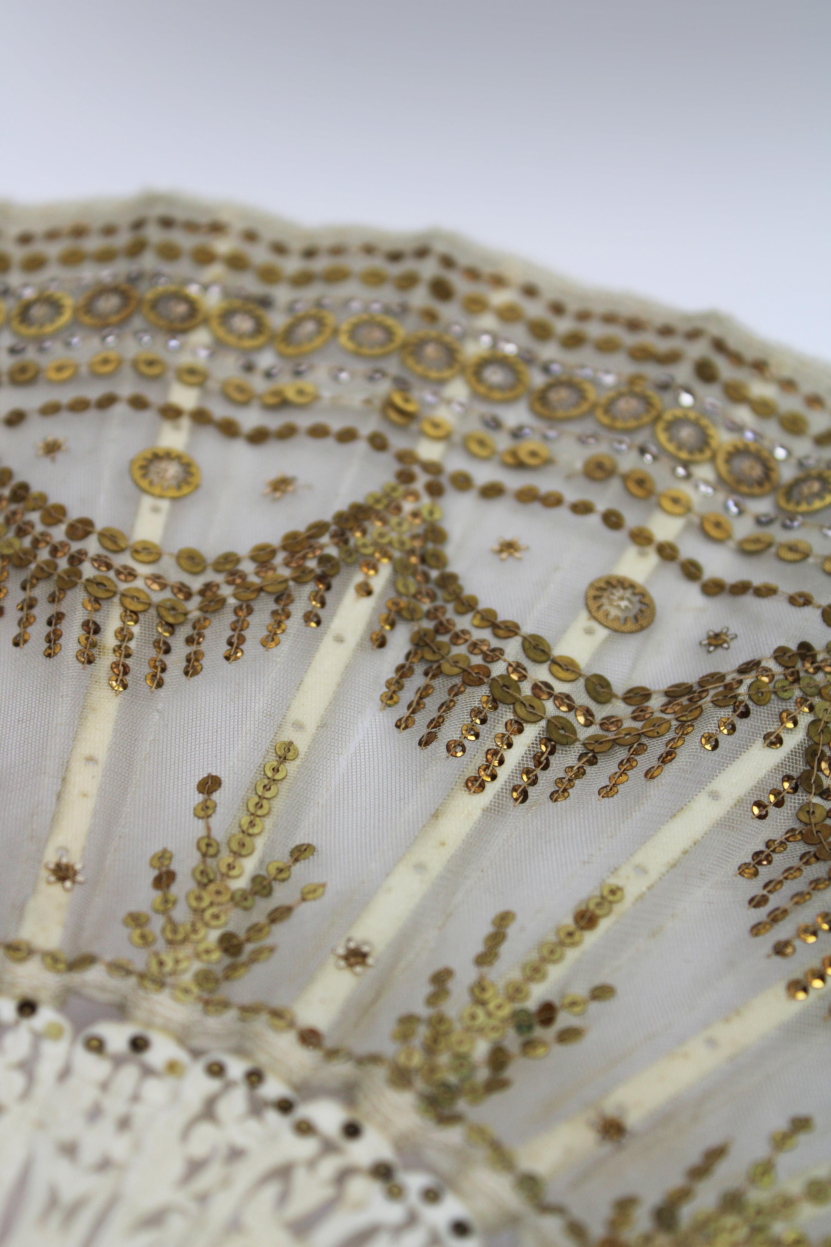 Early 1800 Empire handcrafted Handfan embroidered elaborate sequin bone ...