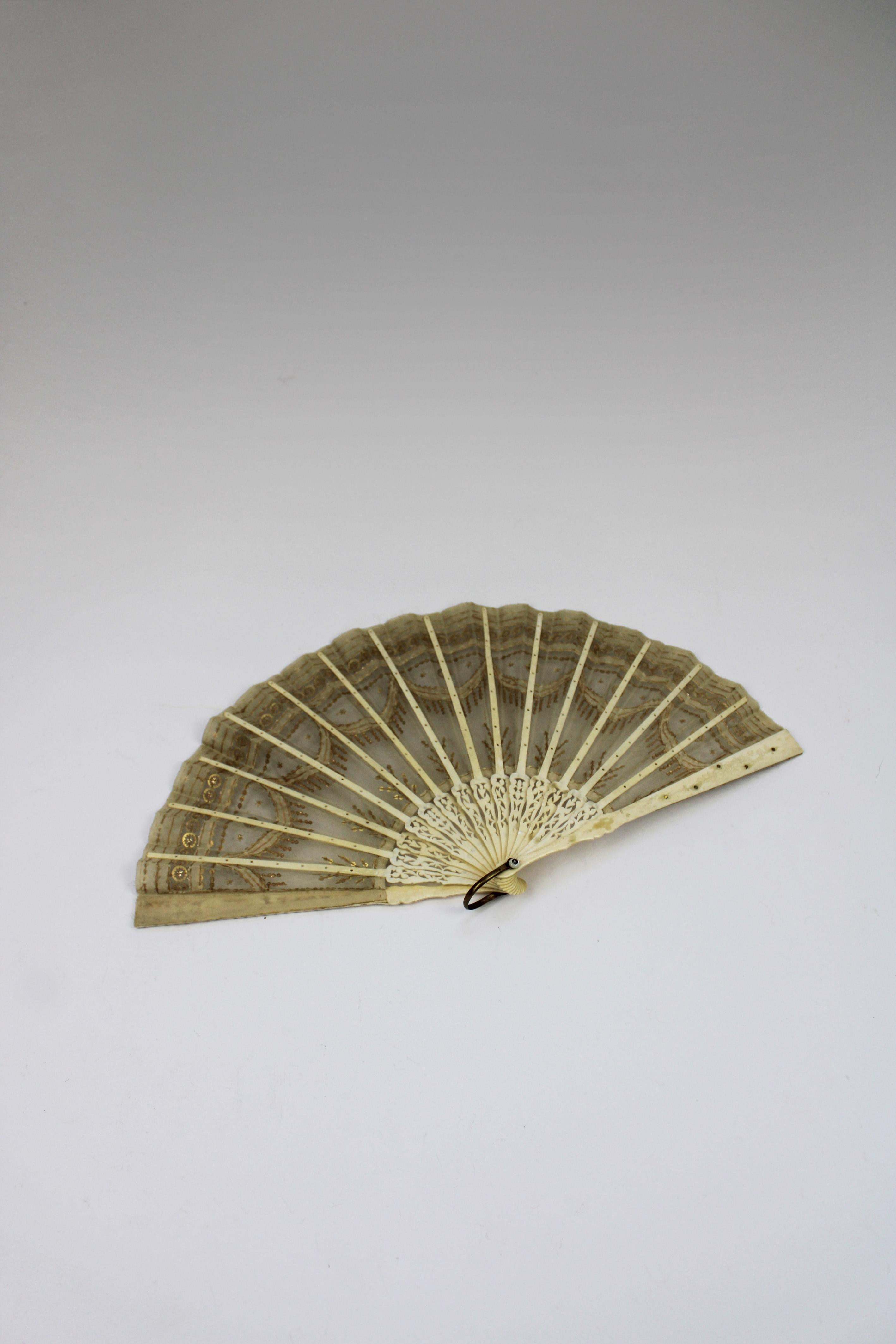 Early 1800 Empire handcrafted Handfan embroidered elaborate sequin bone ...
