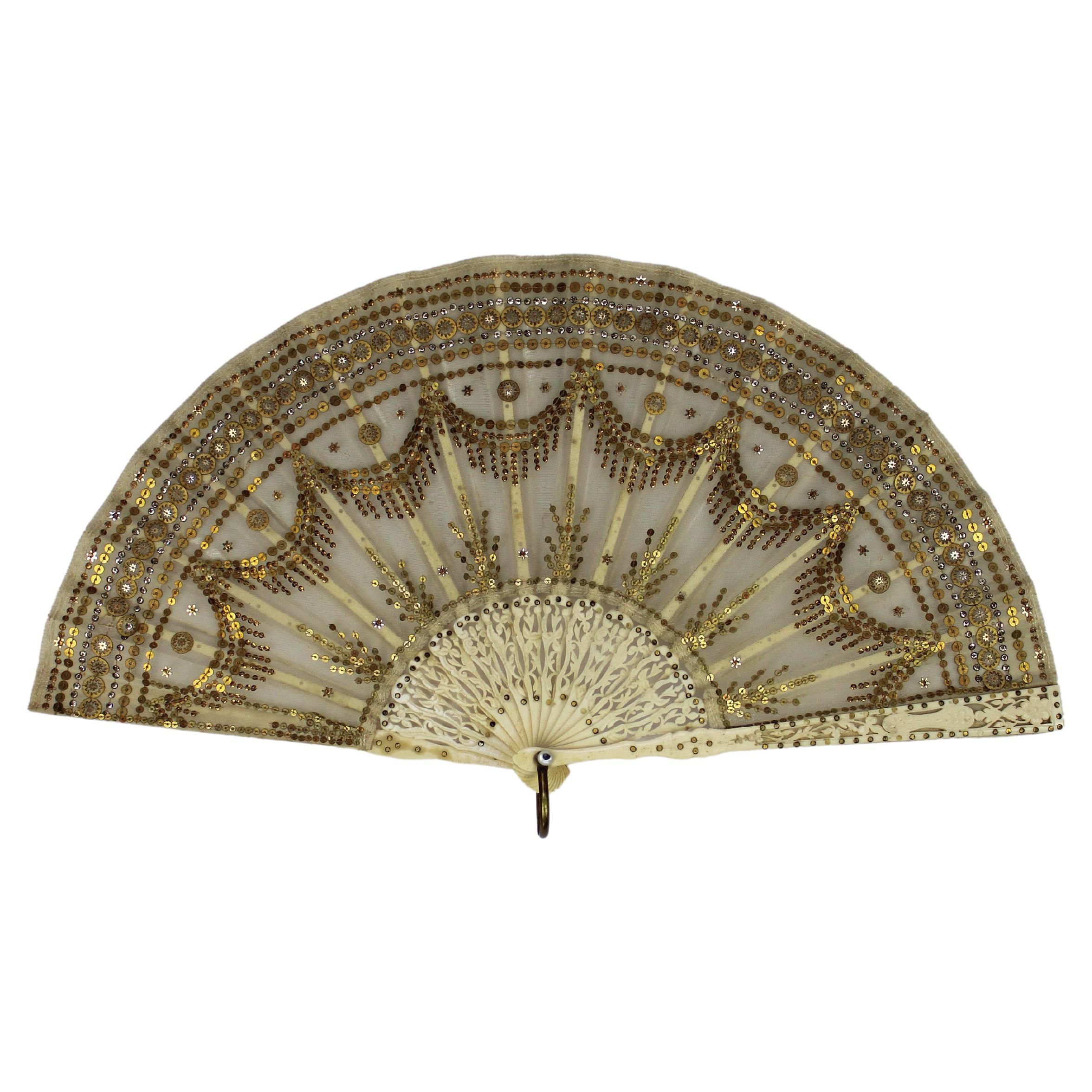 Early 1800 Empire handcrafted Handfan embroidered elaborate sequin bone ...