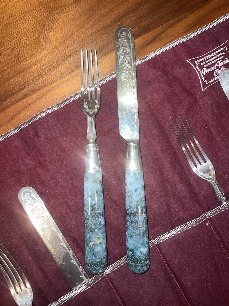 Early 19 C. Sterling Silver Engraved Agate Fork and Knife Set For Sale ...