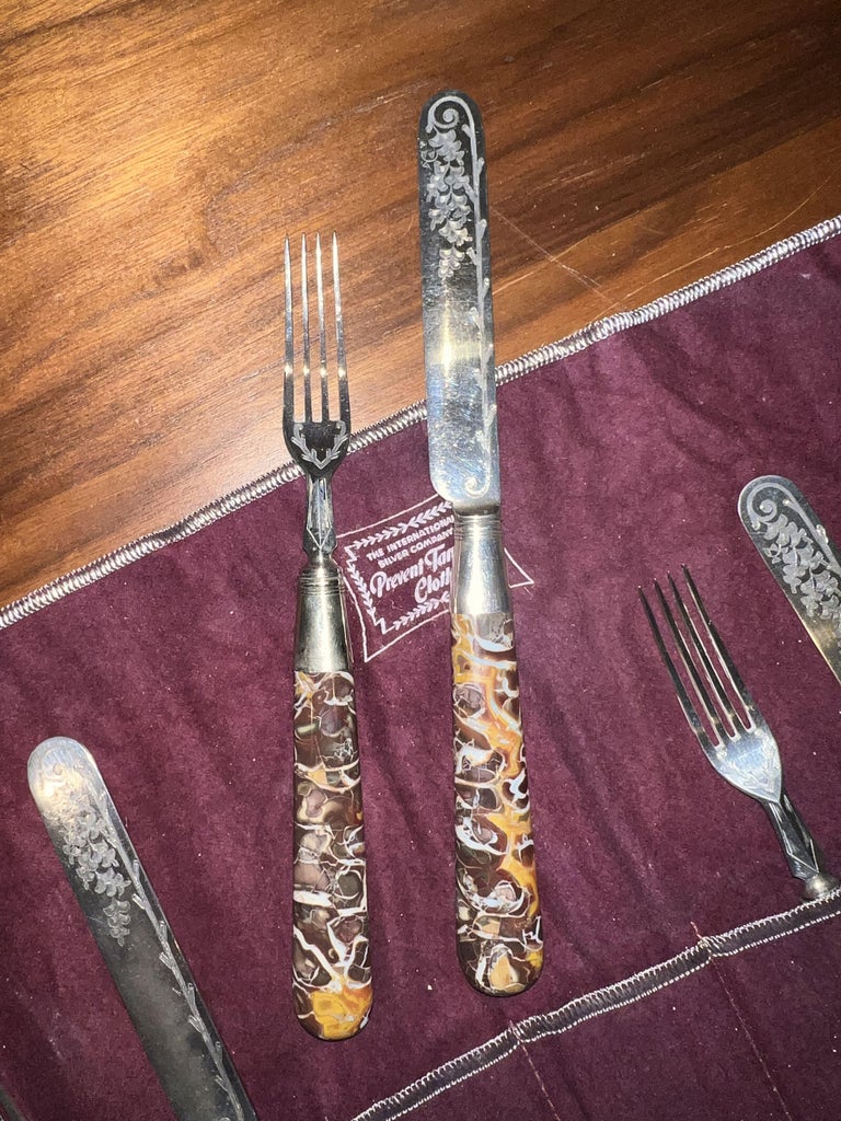 Early 19 C. Sterling Silver Engraved Agate Fork and Knife Set For Sale ...
