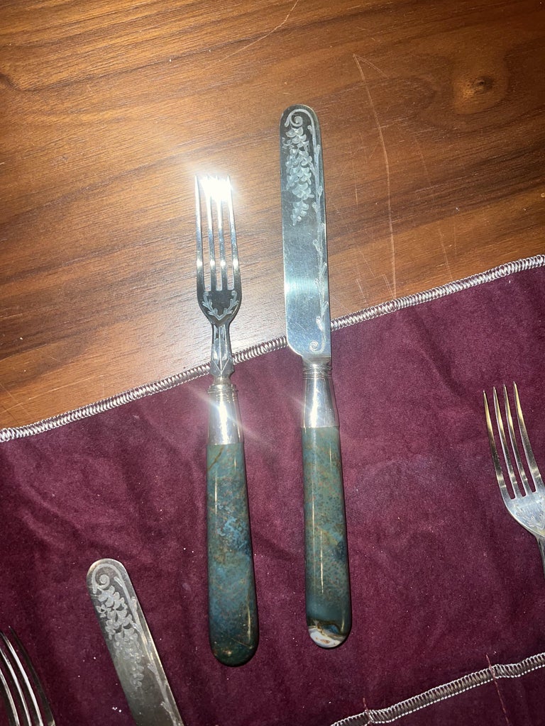 Early 19 C. Sterling Silver Engraved Agate Fork and Knife Set For Sale ...