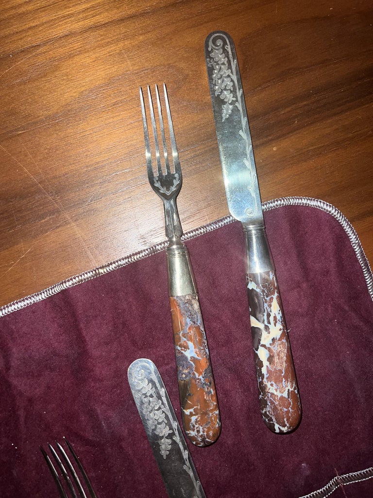 Early 19 C. Sterling Silver Engraved Agate Fork and Knife Set For Sale ...
