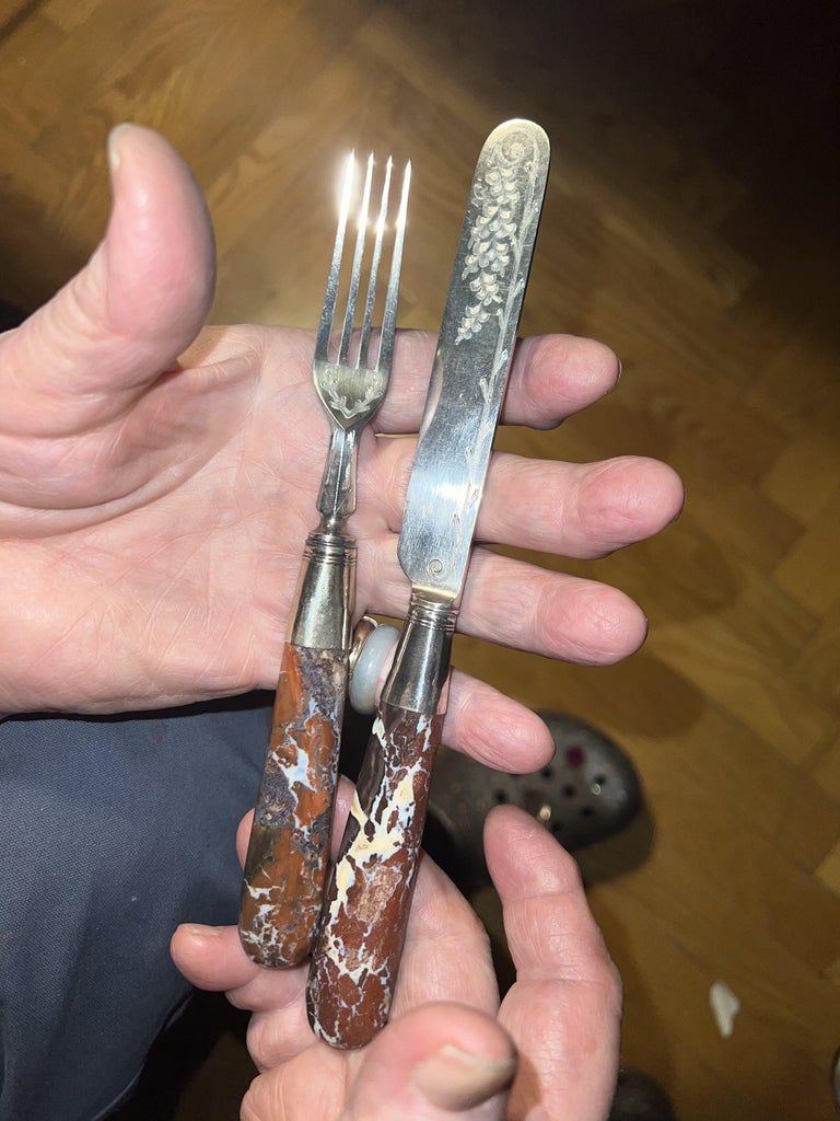 Early 19 C. Sterling Silver Engraved Agate Fork and Knife Set For Sale ...