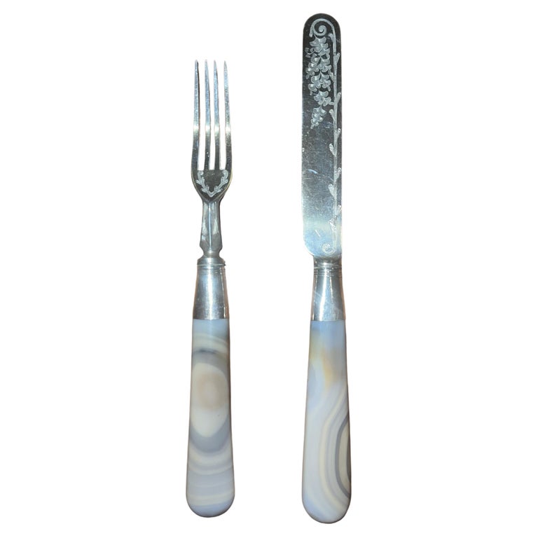Early 19 C. Sterling Silver Engraved Agate Fork and Knife Set For Sale ...