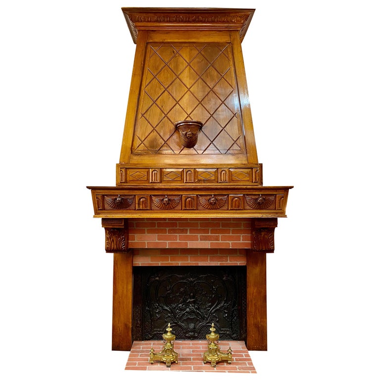 Early 1900s Antique French Art Nouveau Carved Walnut Fireplace Mantel ...