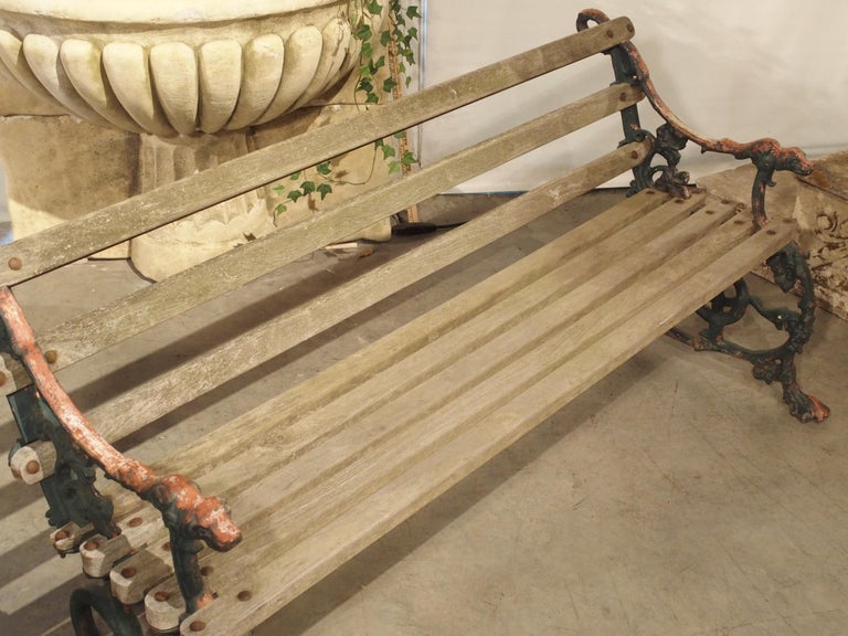 Early 1900s Cast Iron and Wood Bench with Dog Head and Serpent Supports ...