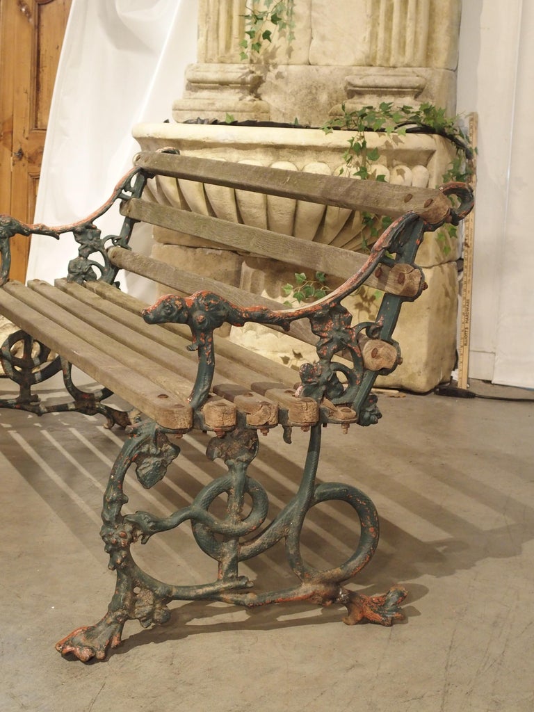 Early 1900s Cast Iron and Wood Bench with Dog Head and Serpent Supports ...