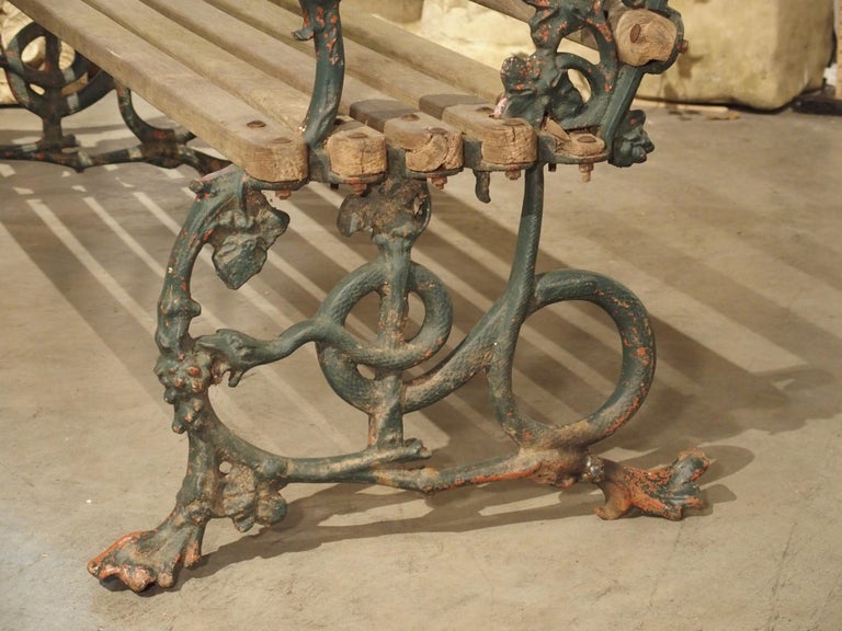 Early 1900s Cast Iron and Wood Bench with Dog Head and Serpent Supports ...