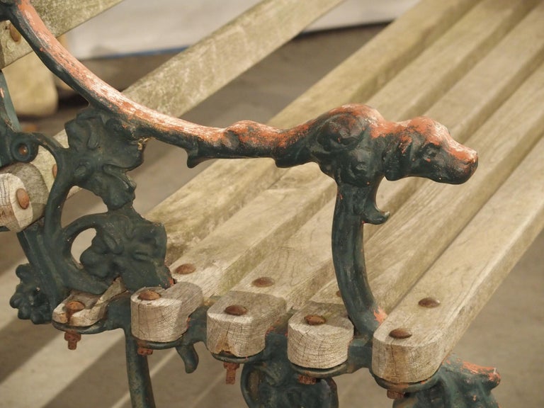 Early 1900s Cast Iron and Wood Bench with Dog Head and Serpent Supports ...