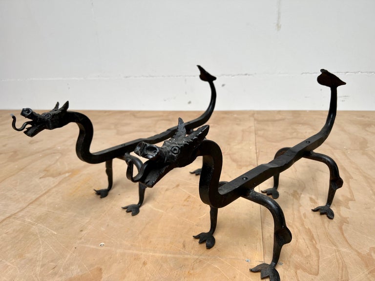 Early 1900s Forged in Fire Wrought Iron Dragon Andirons / Fireplace ...