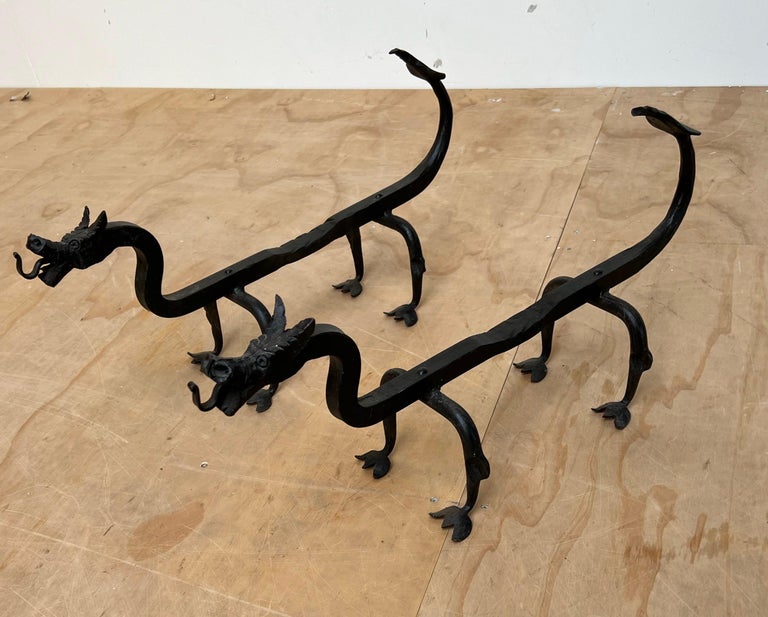Early 1900s Forged in Fire Wrought Iron Dragon Andirons / Fireplace ...