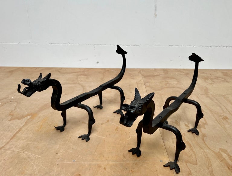 Early 1900s Forged in Fire Wrought Iron Dragon Andirons / Fireplace ...