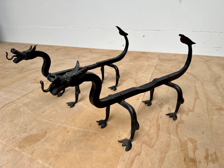Early 1900s Forged in Fire Wrought Iron Dragon Andirons / Fireplace ...