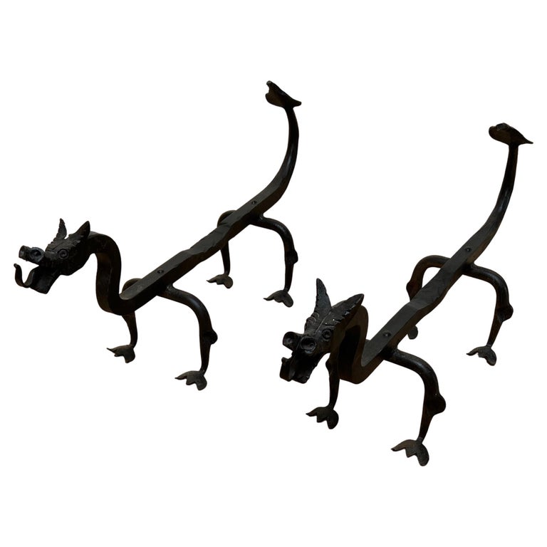 Early 1900s Forged in Fire Wrought Iron Dragon Andirons / Fireplace ...