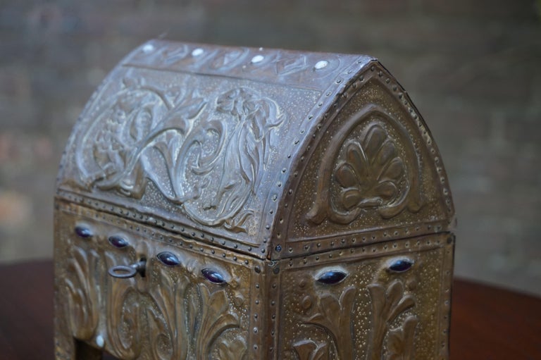 Early 1900s Gothic Revival Embossed Copper and Inlaid Stones Wooden Box ...