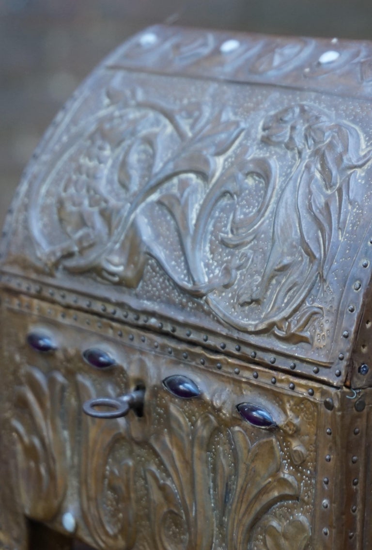 Early 1900s Gothic Revival Embossed Copper and Inlaid Stones Wooden Box ...