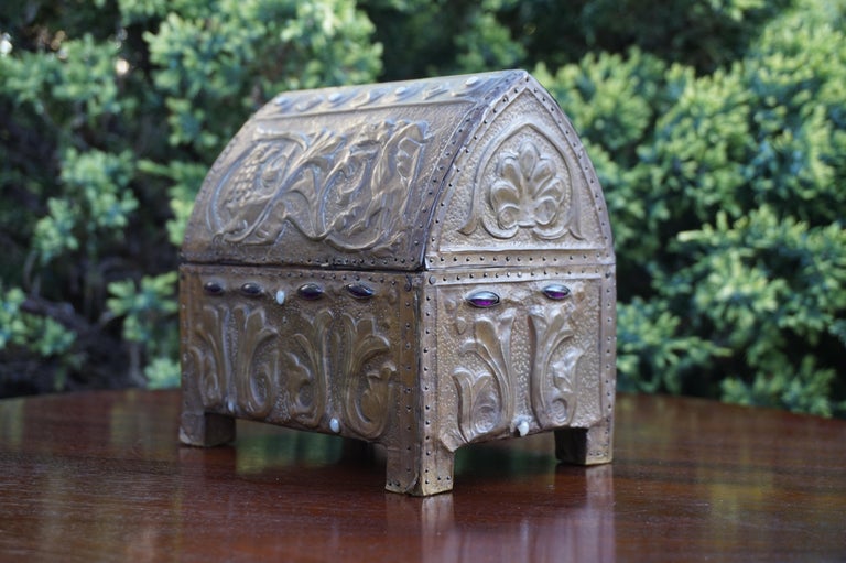 Early 1900s Gothic Revival Embossed Copper and Inlaid Stones Wooden Box ...