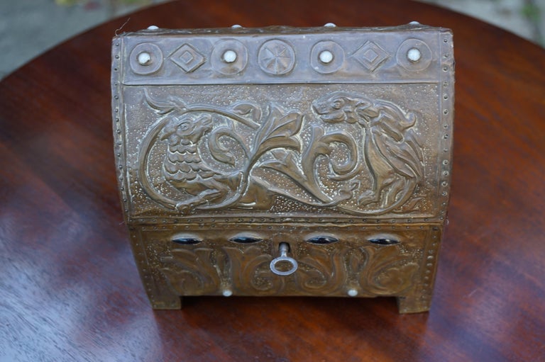 Early 1900s Gothic Revival Embossed Copper and Inlaid Stones Wooden Box ...