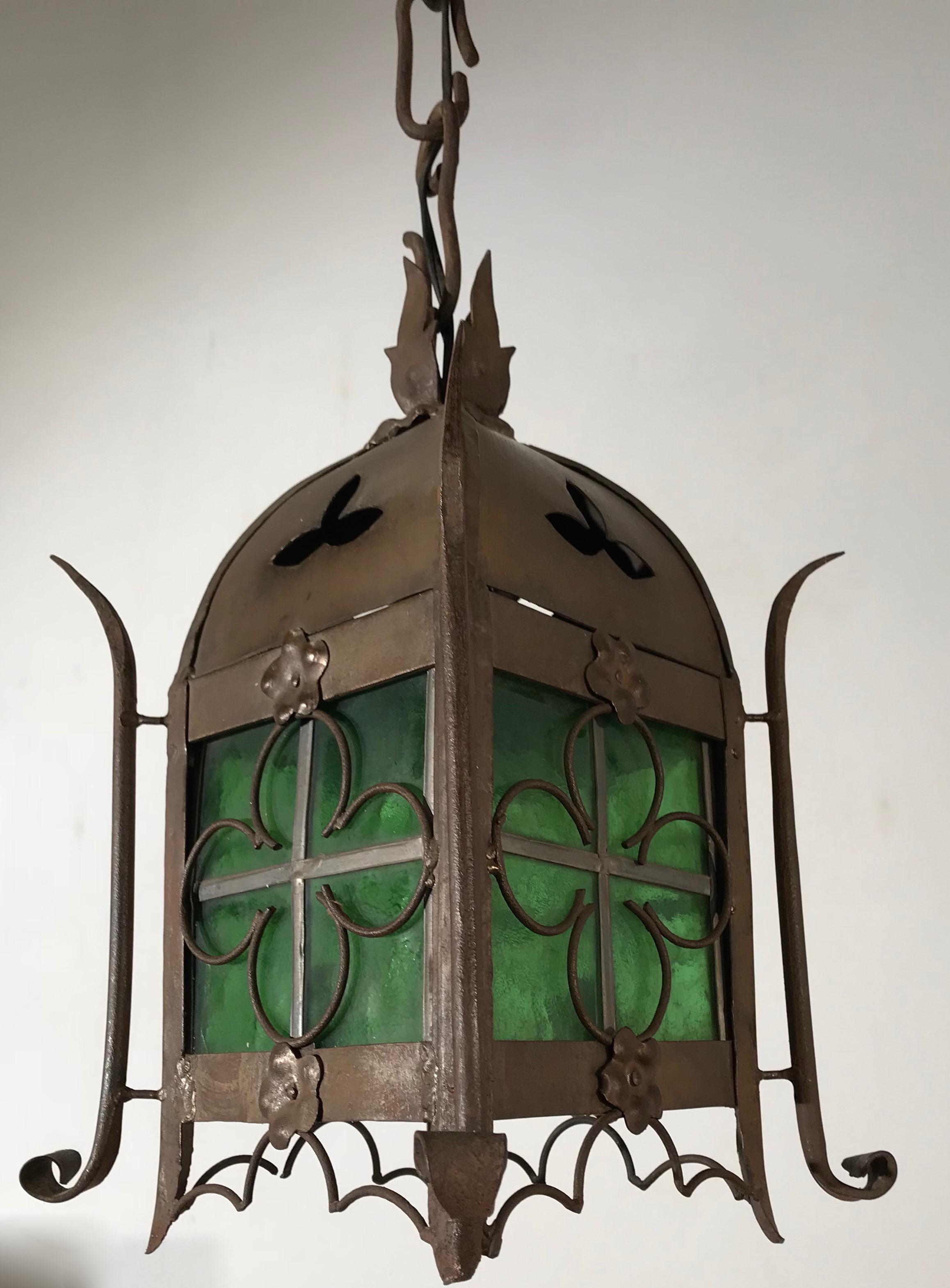 Early 1900s Gothic Revival Wrought Iron and Stained Glass Lantern ...