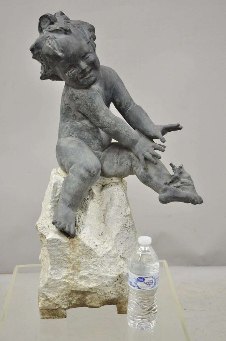 Early 1900s Heavy Lead Figural Cherub and Frog on Rock Garden Water ...