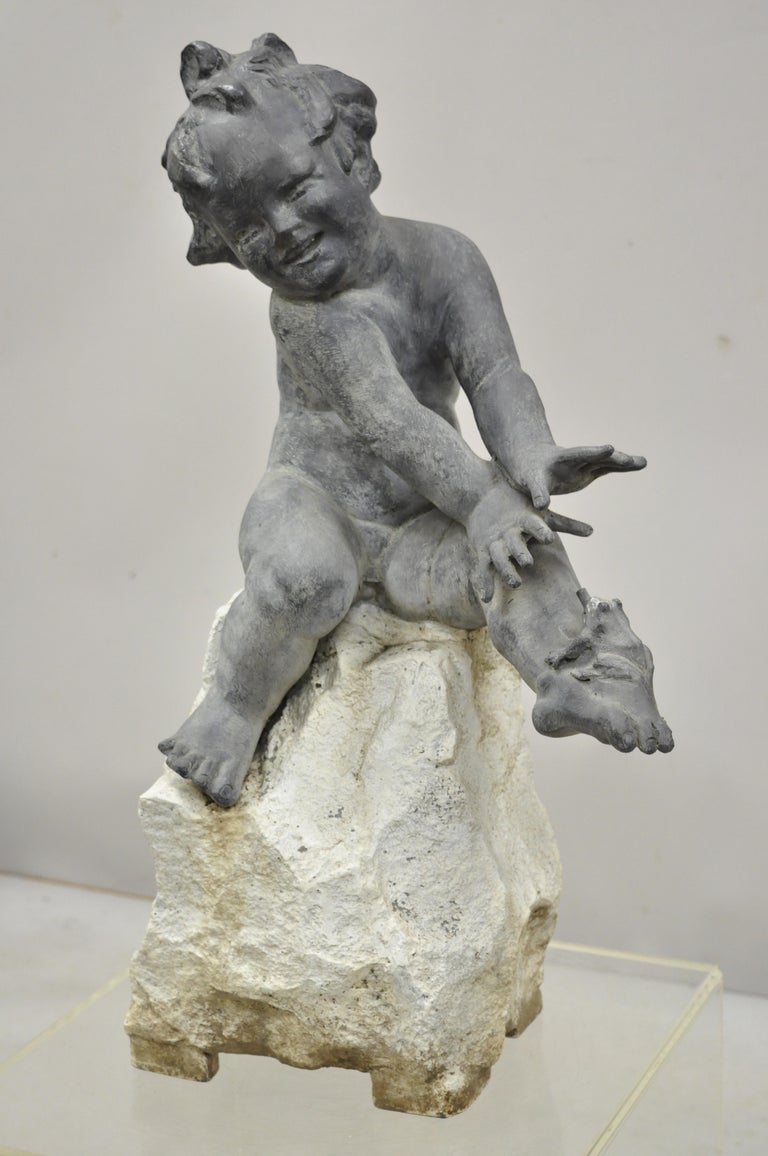Early 1900s Heavy Lead Figural Cherub and Frog on Rock Garden Water ...