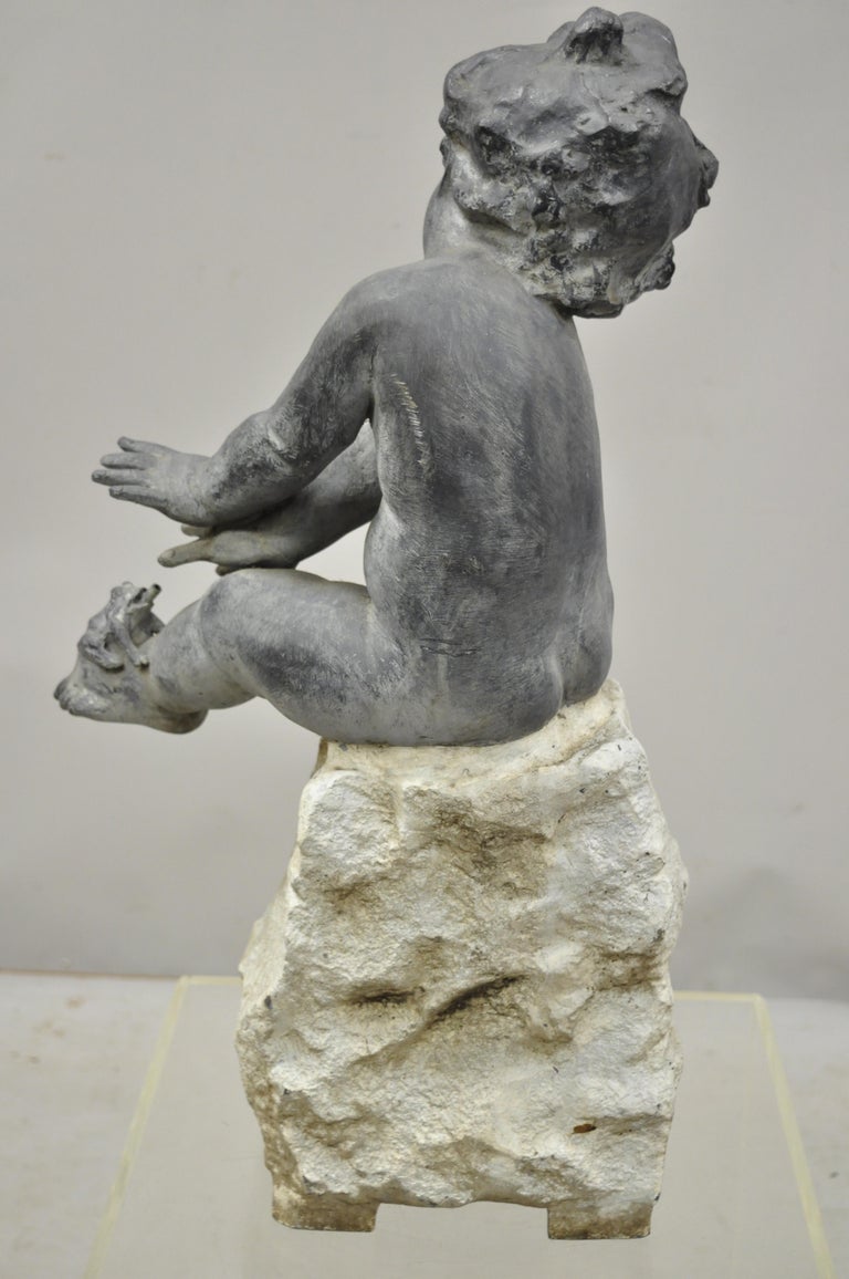 Early 1900s Heavy Lead Figural Cherub and Frog on Rock Garden Water ...
